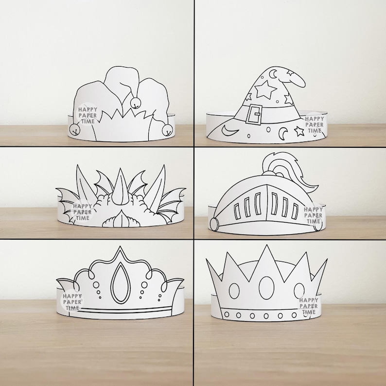 Medieval Fantasy Paper Crown Coloring Headband Knight Dragon Princess ...