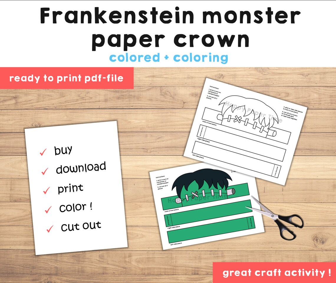 Frankenstein Monster Paper Crown template Halloween Party | Etsy