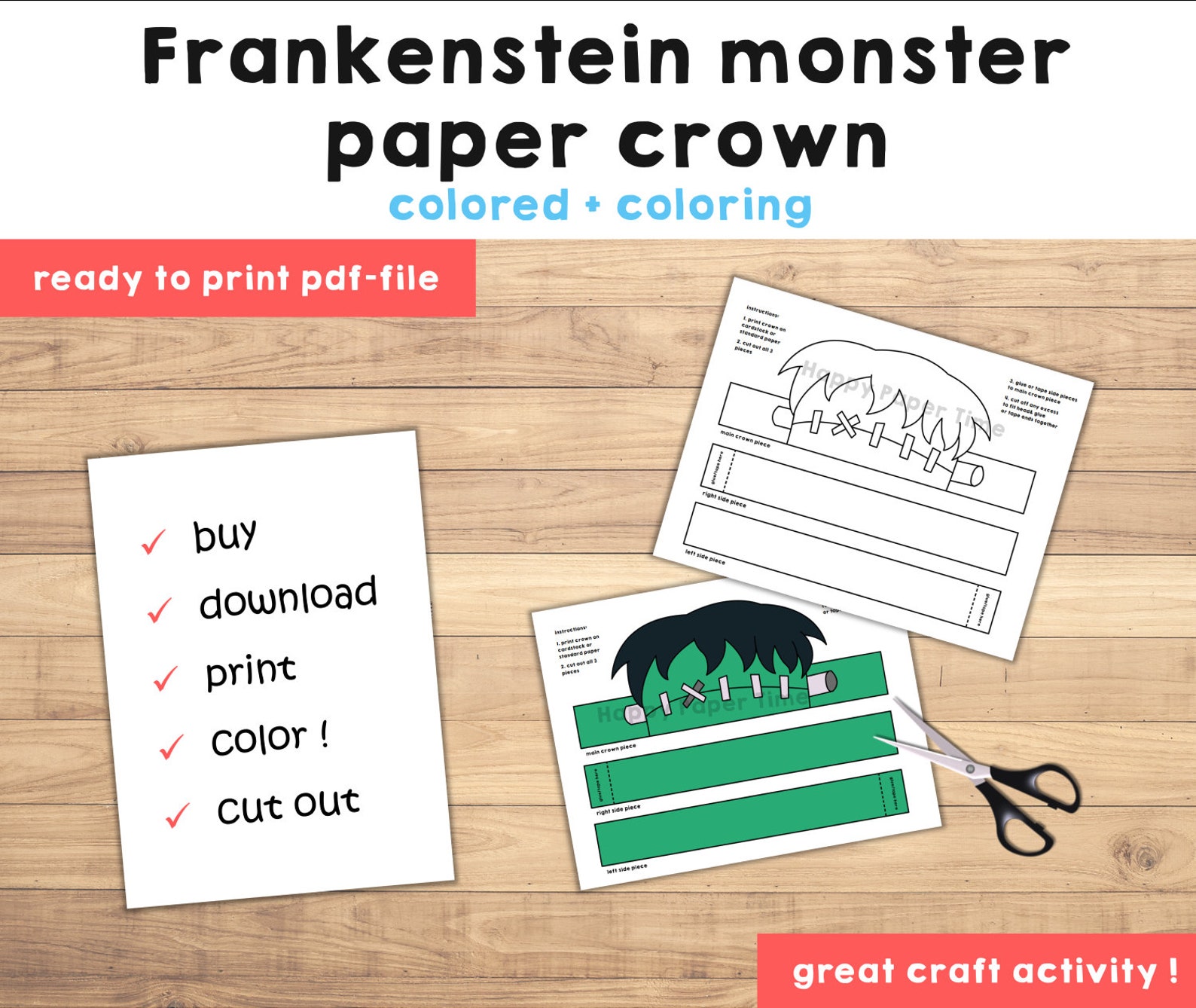 Frankenstein Monster Paper Crown template Halloween Party | Etsy