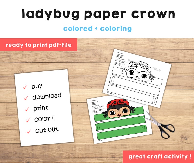 Ladybug Paper Crown Party Coloring Printable Kids Craft Insect | Etsy