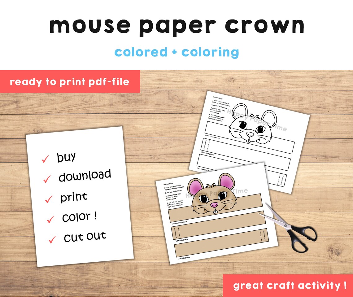 Mouse Paper Crown Party Coloring Printable Kids Craft Woodland Birthday ...
