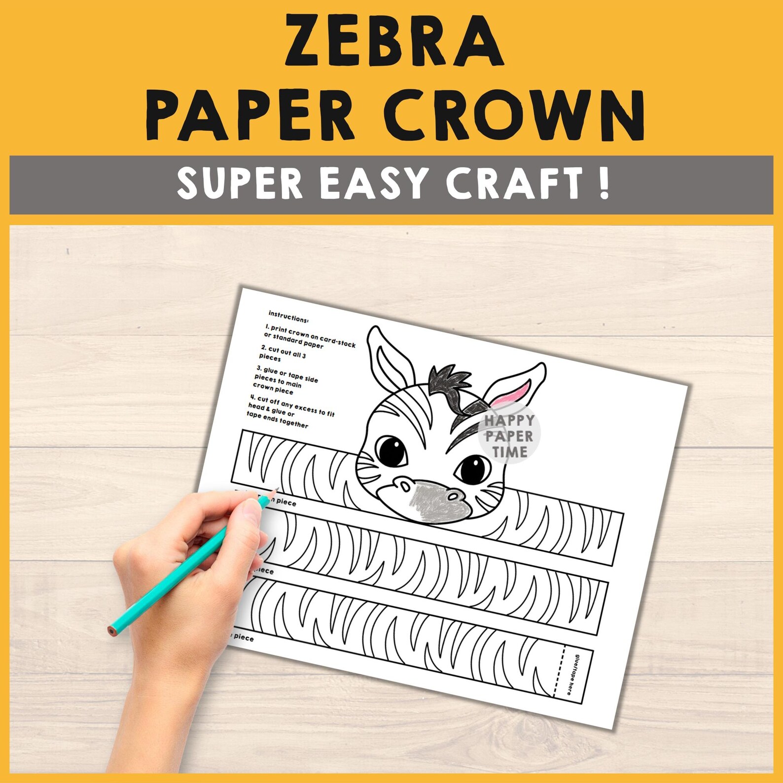 Zebra Paper Crown Party Coloring Printable Kids Craft African Birthday ...