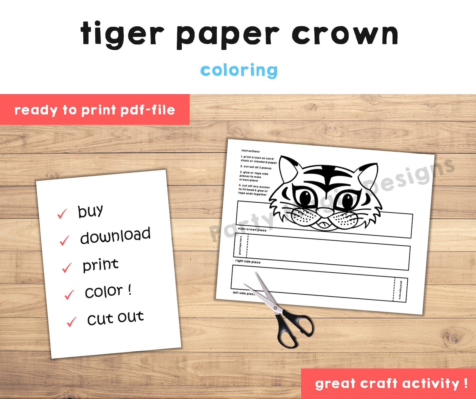 Tiger Paper Crown Coloring Printable Kids Craft Tiger Birthday | Etsy