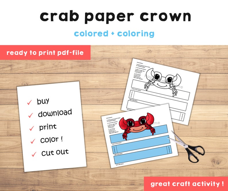 Crab Paper Crown Party Coloring Printable Party Hat Kids Craft | Etsy