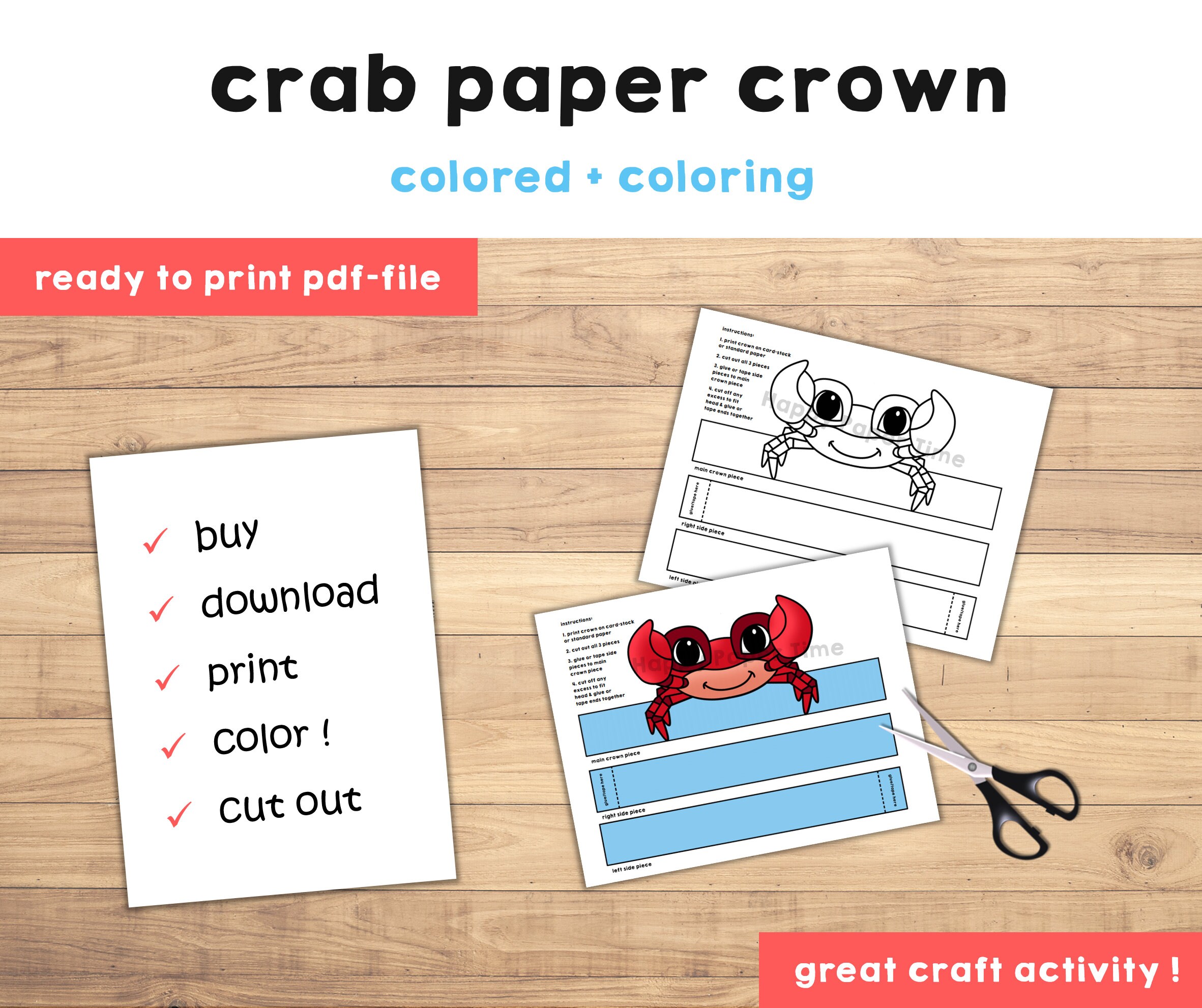 Crab Paper Crown Party Coloring Printable Party Hat Kids Craft Ocean ...