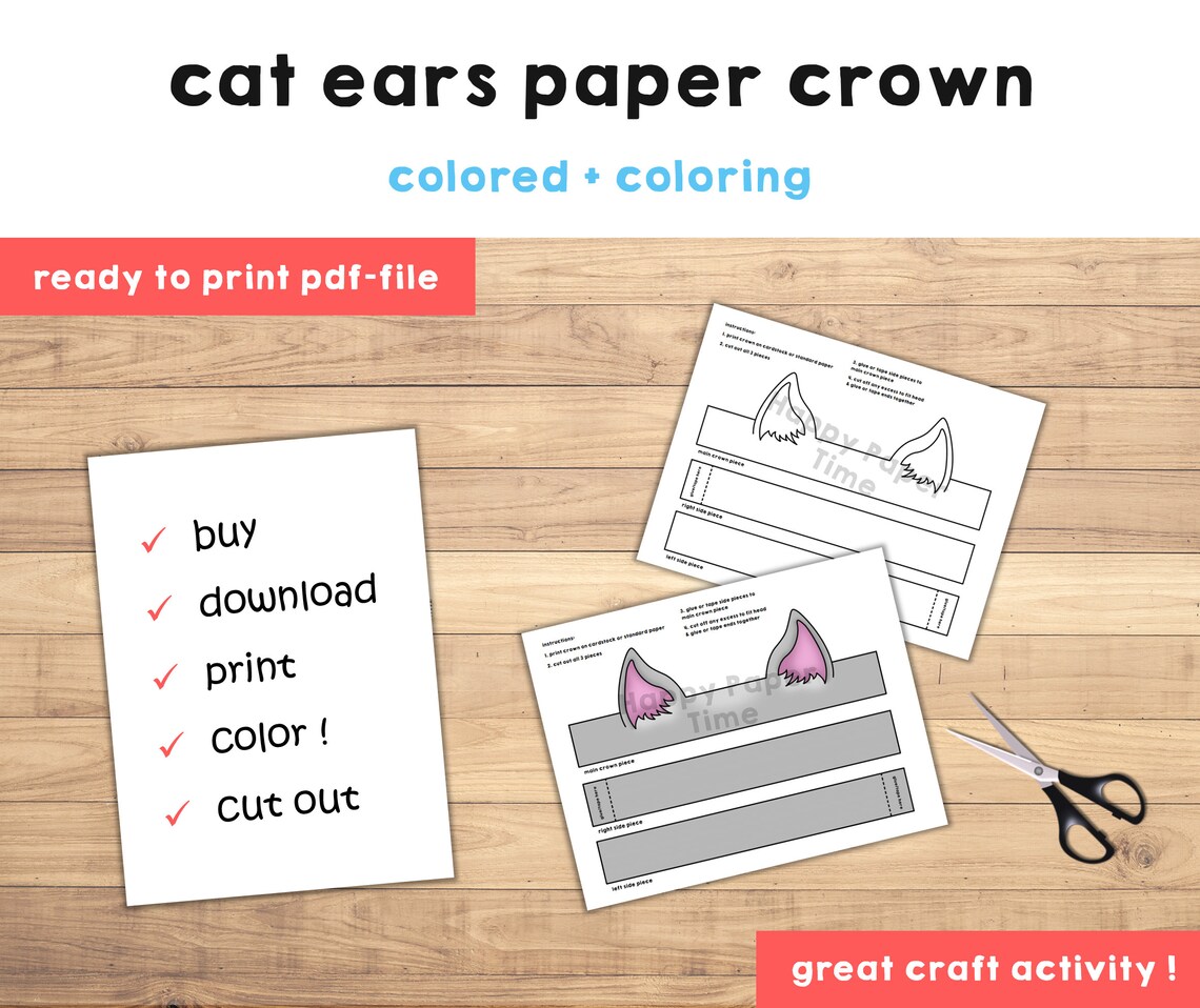 Cat Ears Paper Crown Party Coloring Printable Kids Craft - Etsy