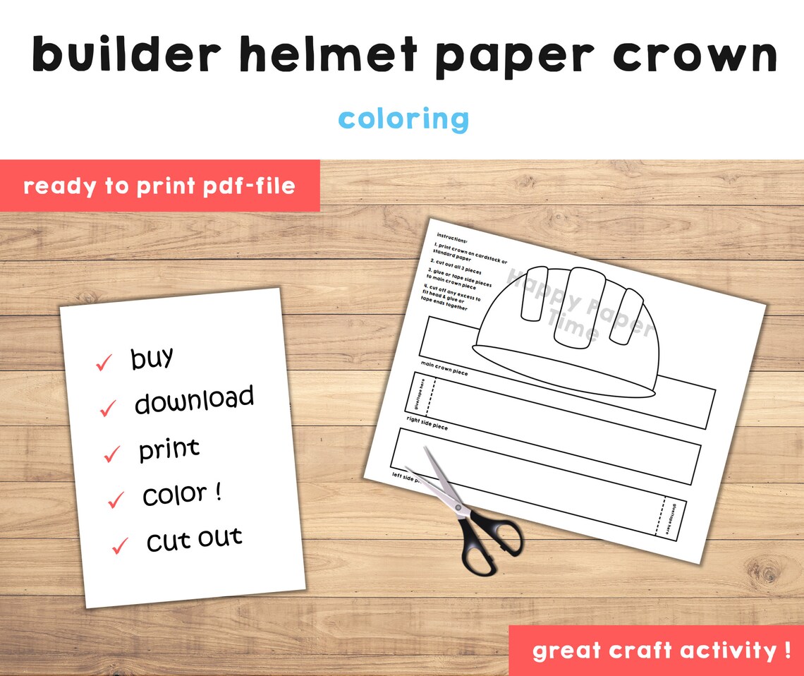 Construction Worker Builder Helmet Paper Crown Party Coloring - Etsy