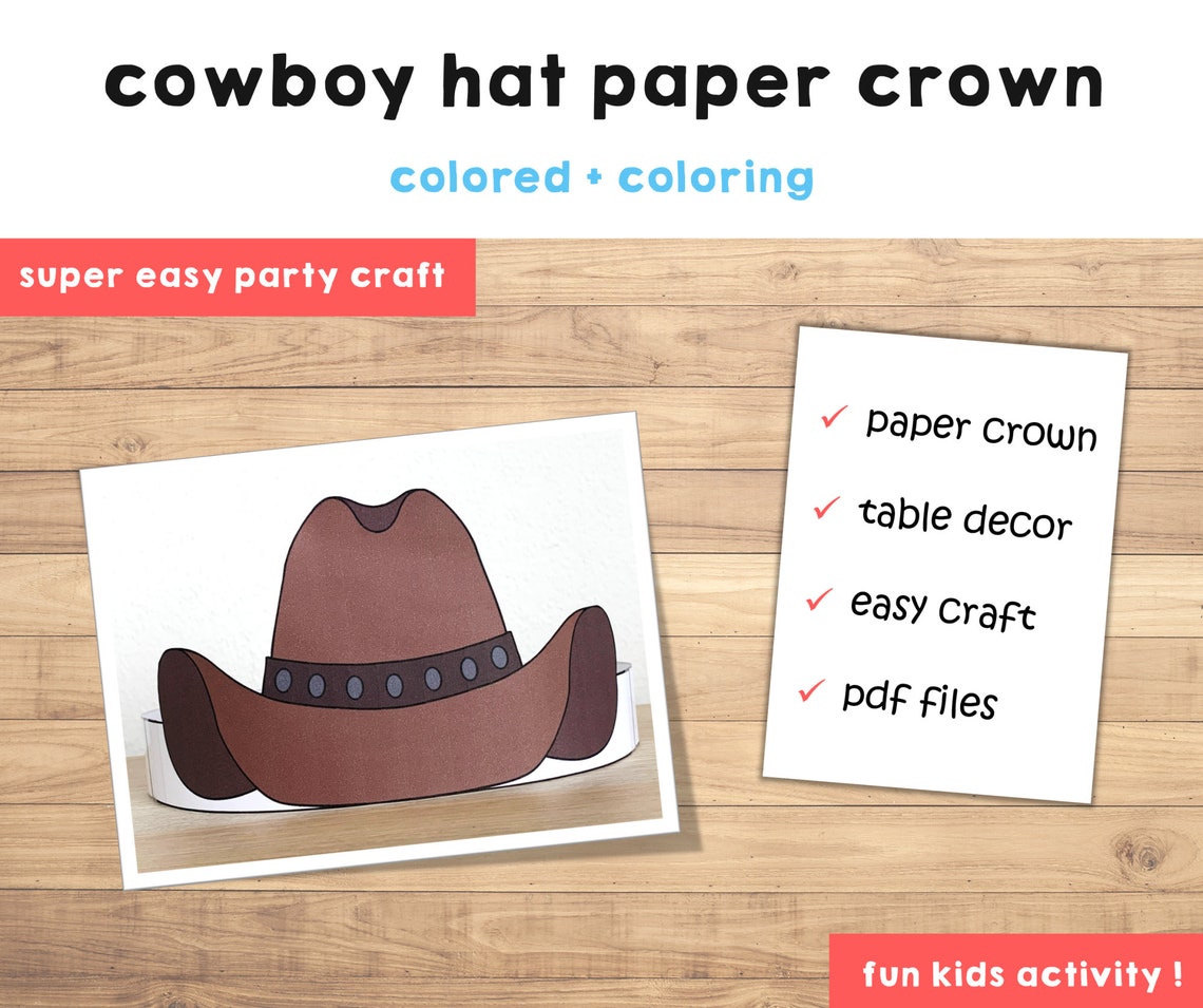Cowboy Hat Paper Crown Party Coloring Printable Kids Craft - Etsy