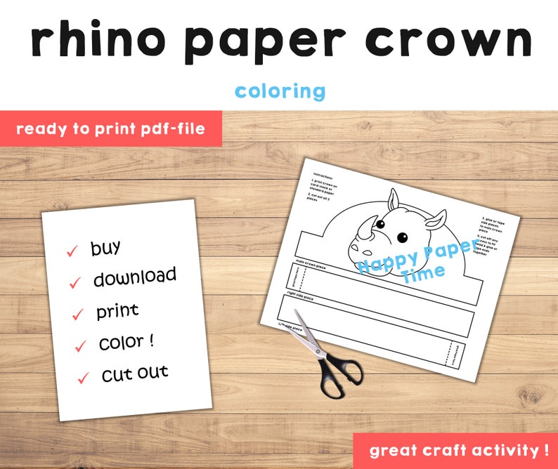 Rhino Paper Crown Party Coloring Printable Kids Craft Safari African ...