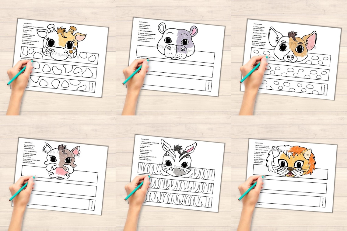 African Safari Animals Paper Crowns Giraffe Hippo Hyena Lion | Etsy