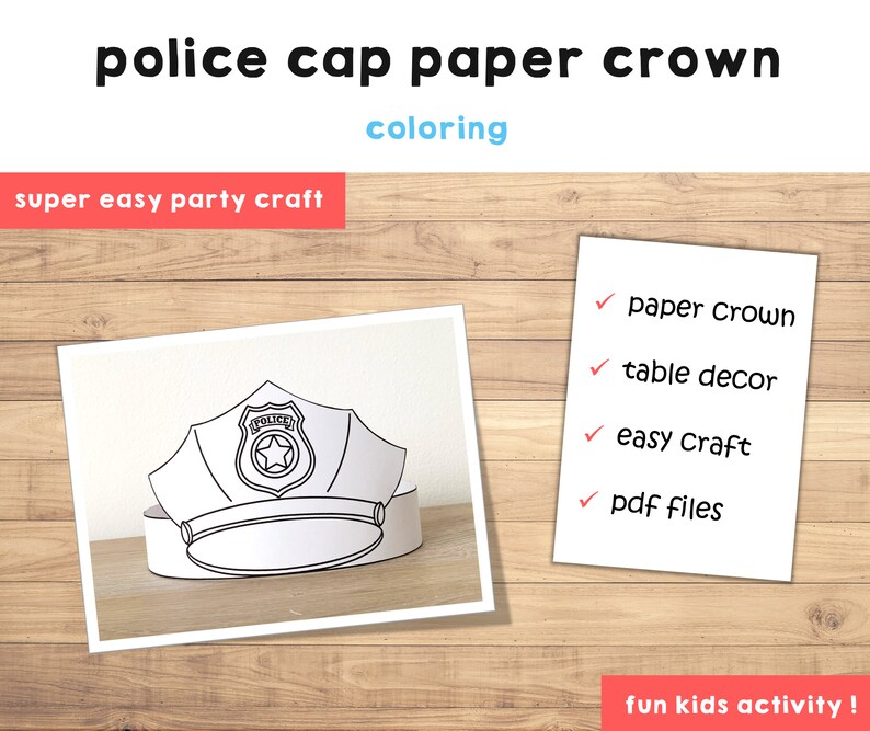 Police Cap Hat Paper Crown Party Coloring Printable Kids Craft - Etsy