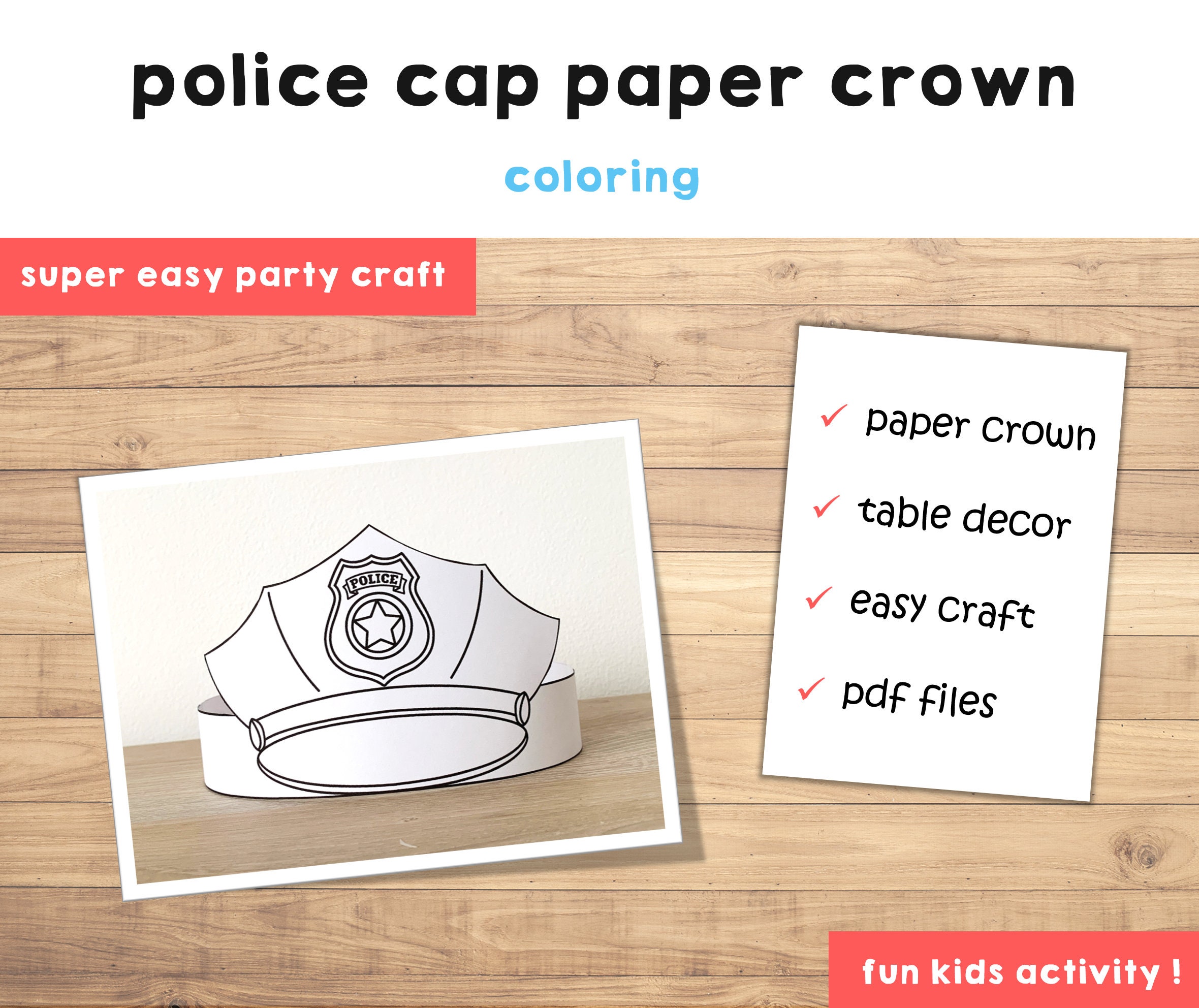 Police Cap Hat Paper Crown Party Coloring Printable Kids Craft - Etsy