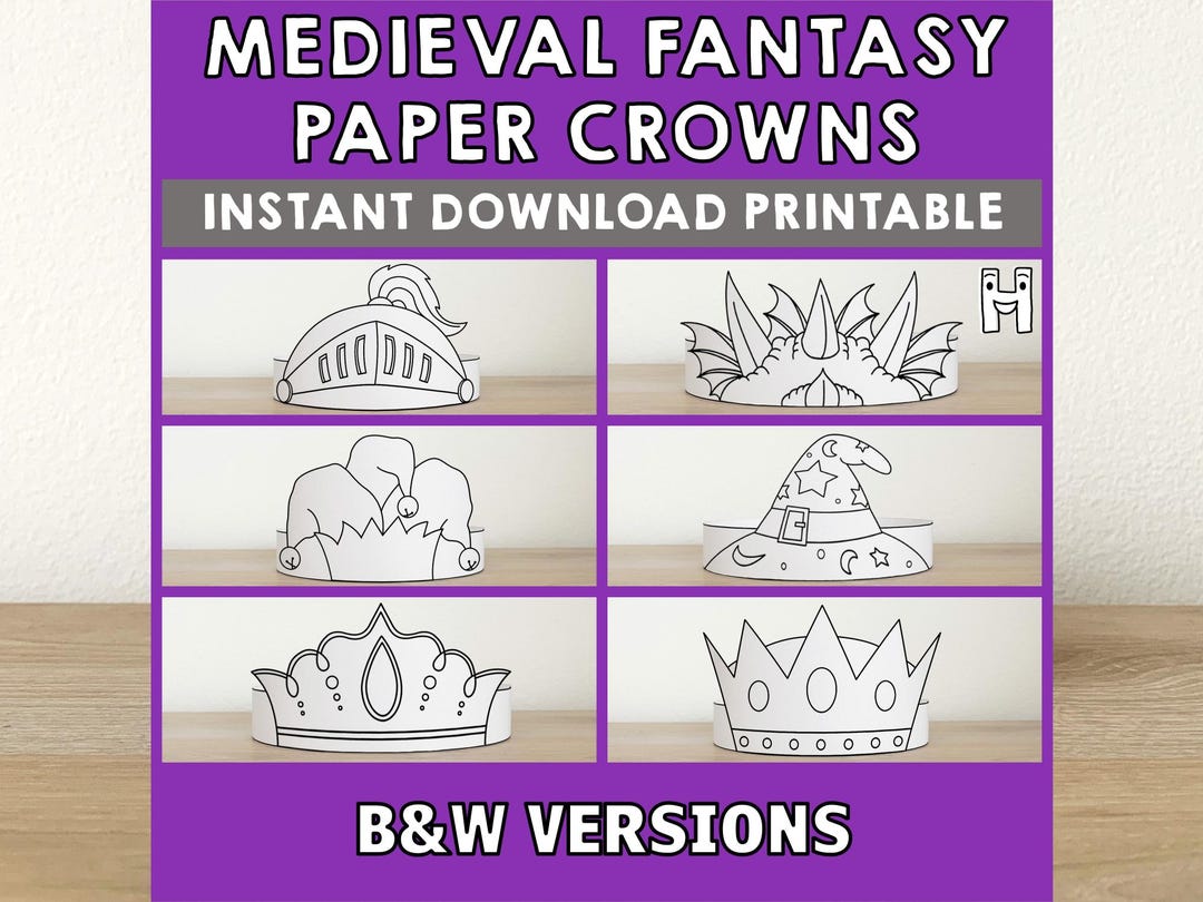 Medieval Fantasy Paper Crown Coloring Headband Knight Dragon Princess ...