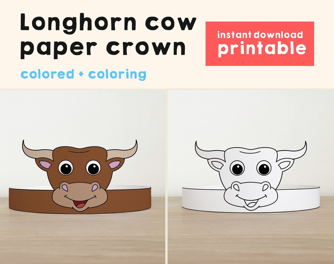 Cow Longhorn Paper Crown Headband Party Coloring Printable Kids Craft ...
