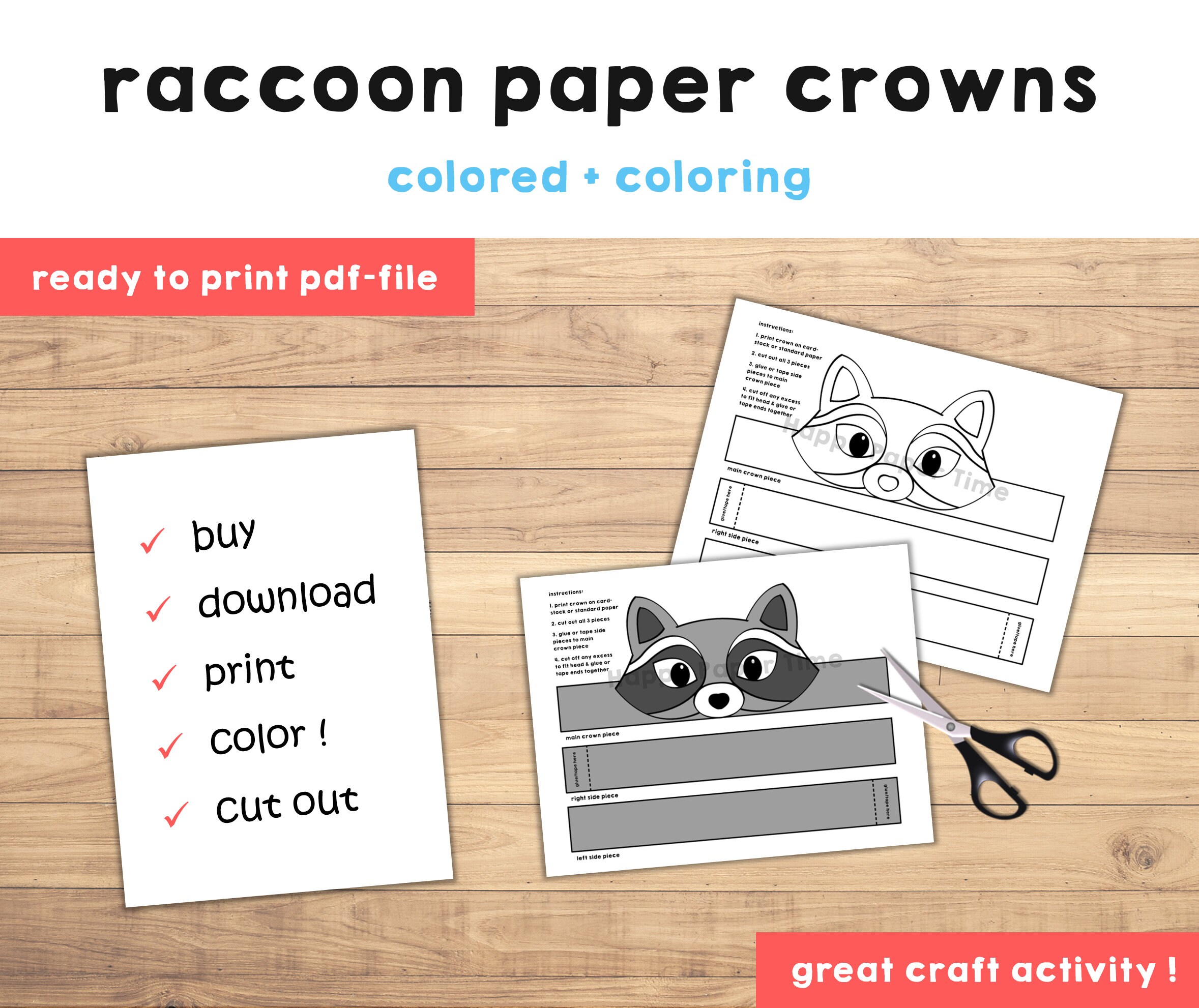 Raccoon Paper Crown Coloring Activity Printable Kids Craft Woodland ...