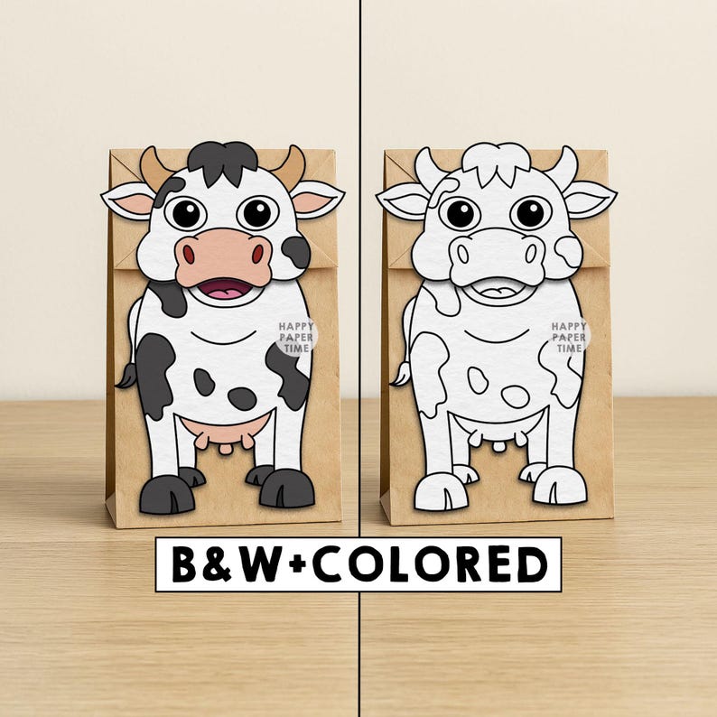 Cow Paper Bag Puppet Printable Farm Animal Craft Activity Cut Paste ...