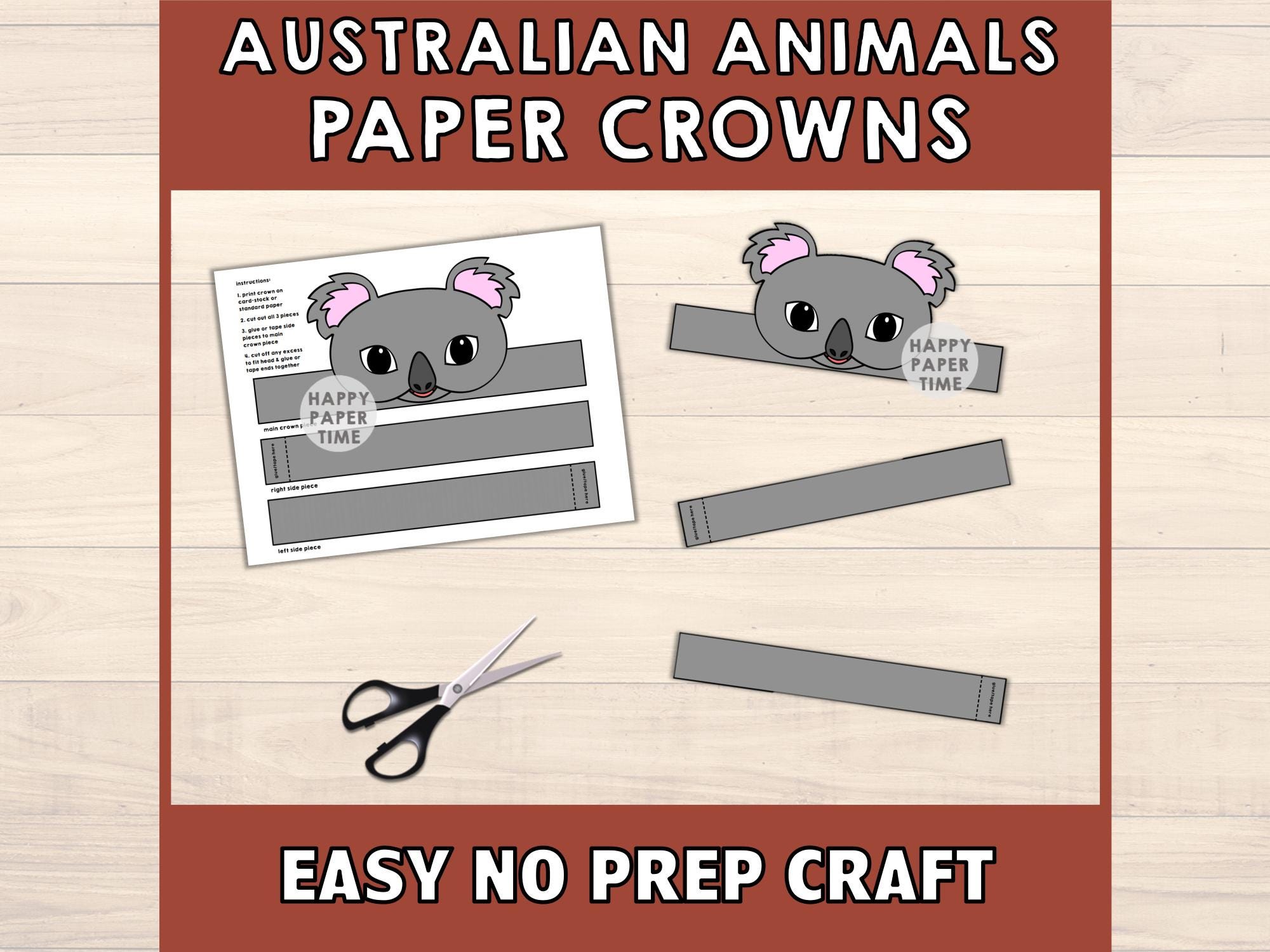 Australian Animal Paper Crowns Headband Safari Koala Kangaroo Crocodile ...