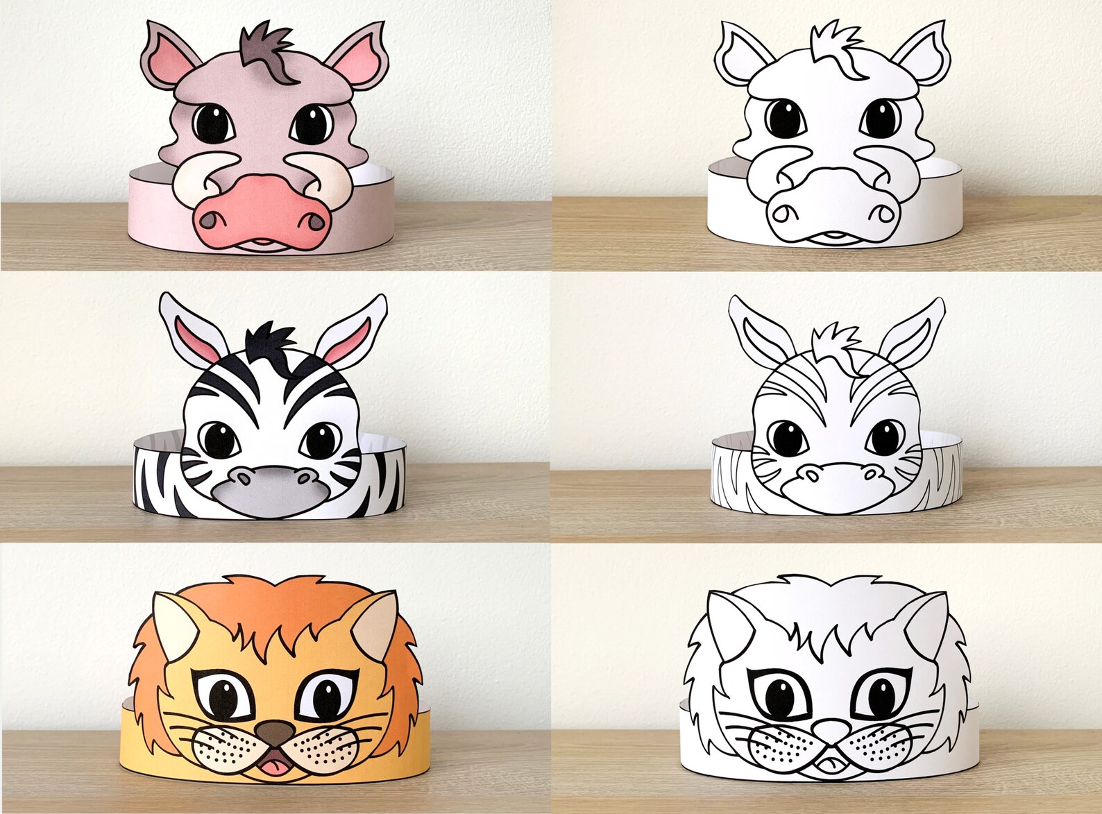 African Safari Animals Paper Crowns Giraffe Hippo Hyena Lion - Etsy