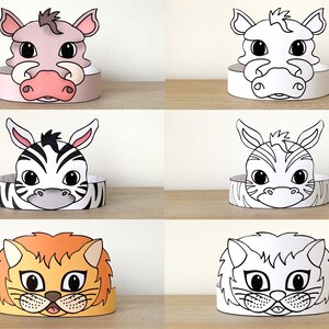 African Safari Animals Paper Crowns Giraffe Hippo Hyena Lion Zebra ...
