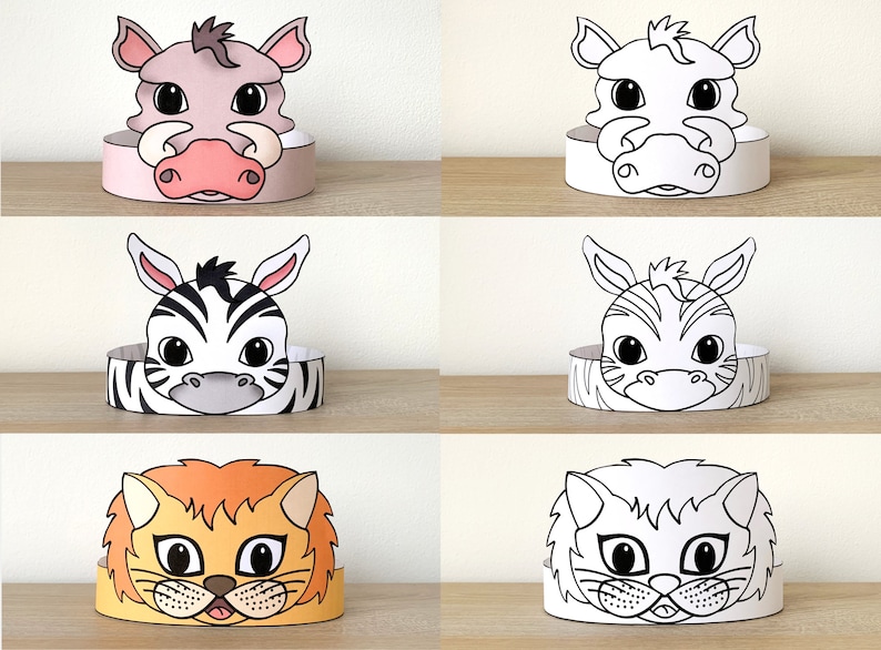 African Safari Animals Paper Crowns Giraffe Hippo Hyena Lion Zebra ...