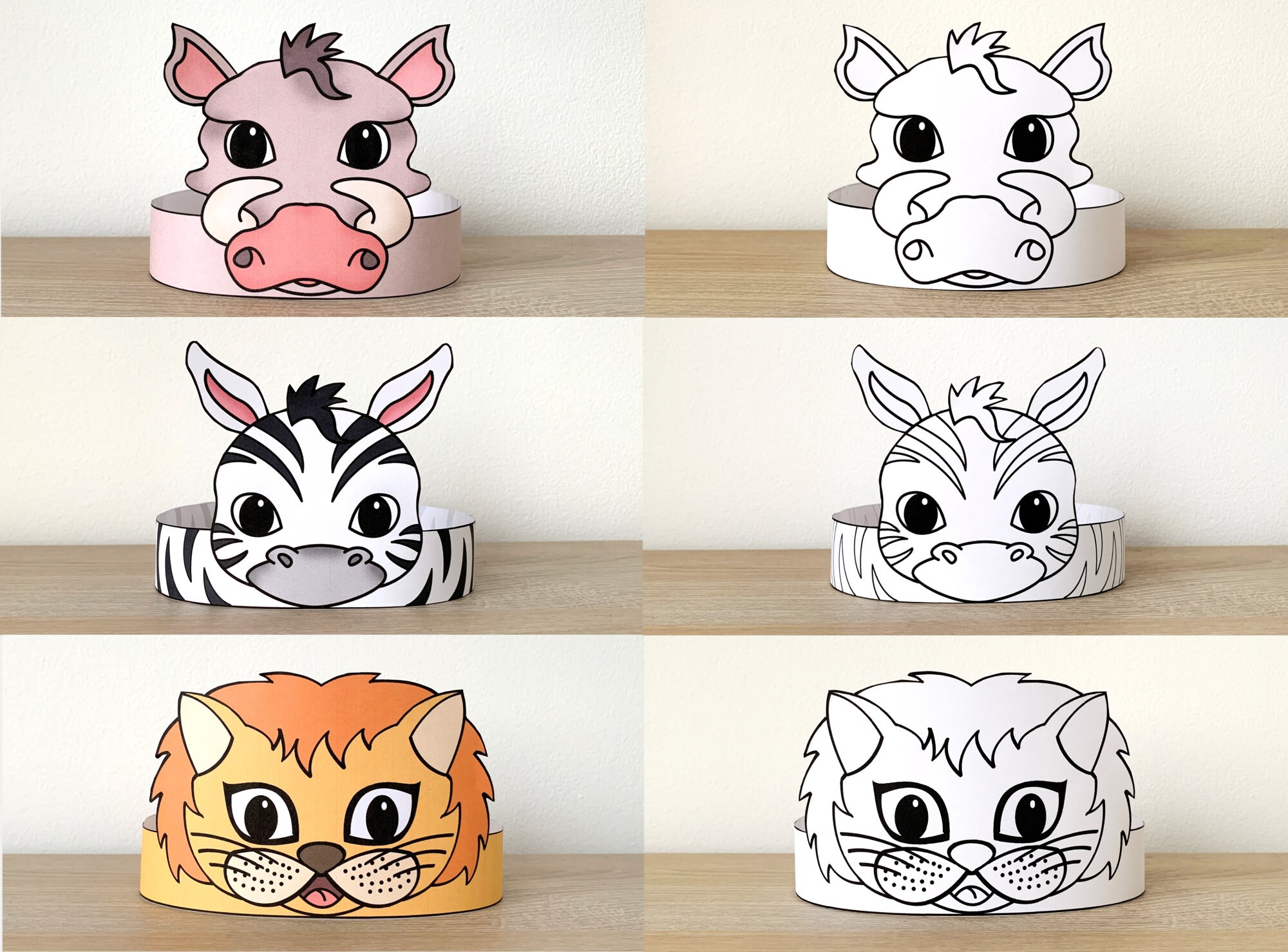 African Safari Animals Paper Crowns Giraffe Hippo Hyena Lion - Etsy