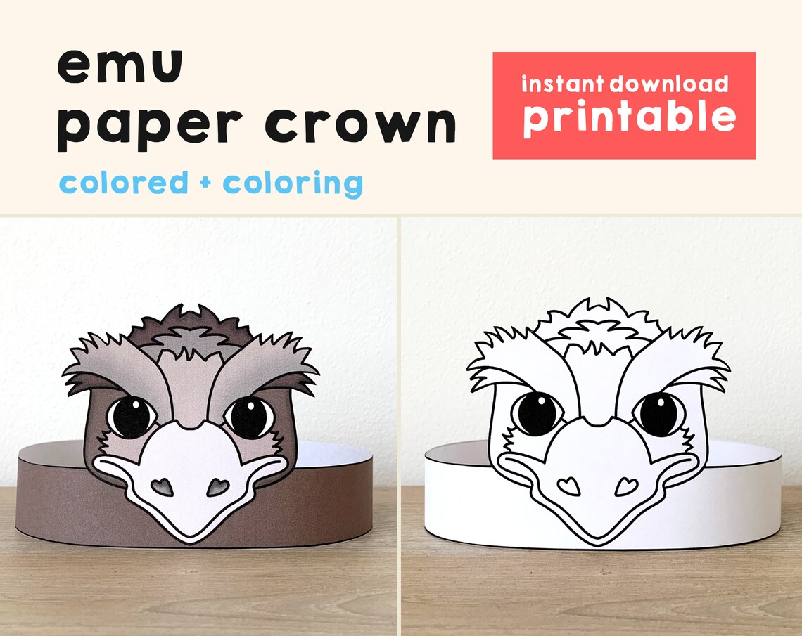 Emu Paper Crown Party Coloring Printable Kids Craft Australia | Etsy