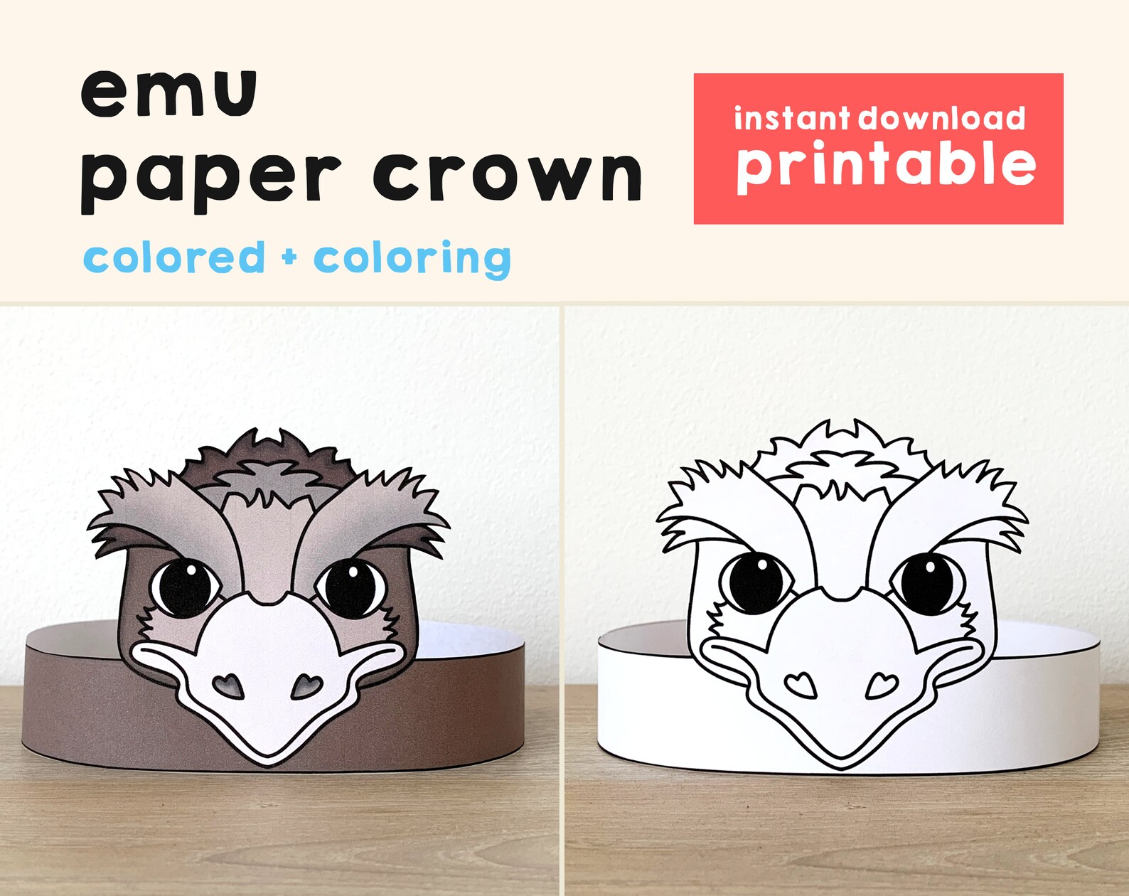 Emu Paper Crown Party Coloring Printable Kids Craft Australia | Etsy