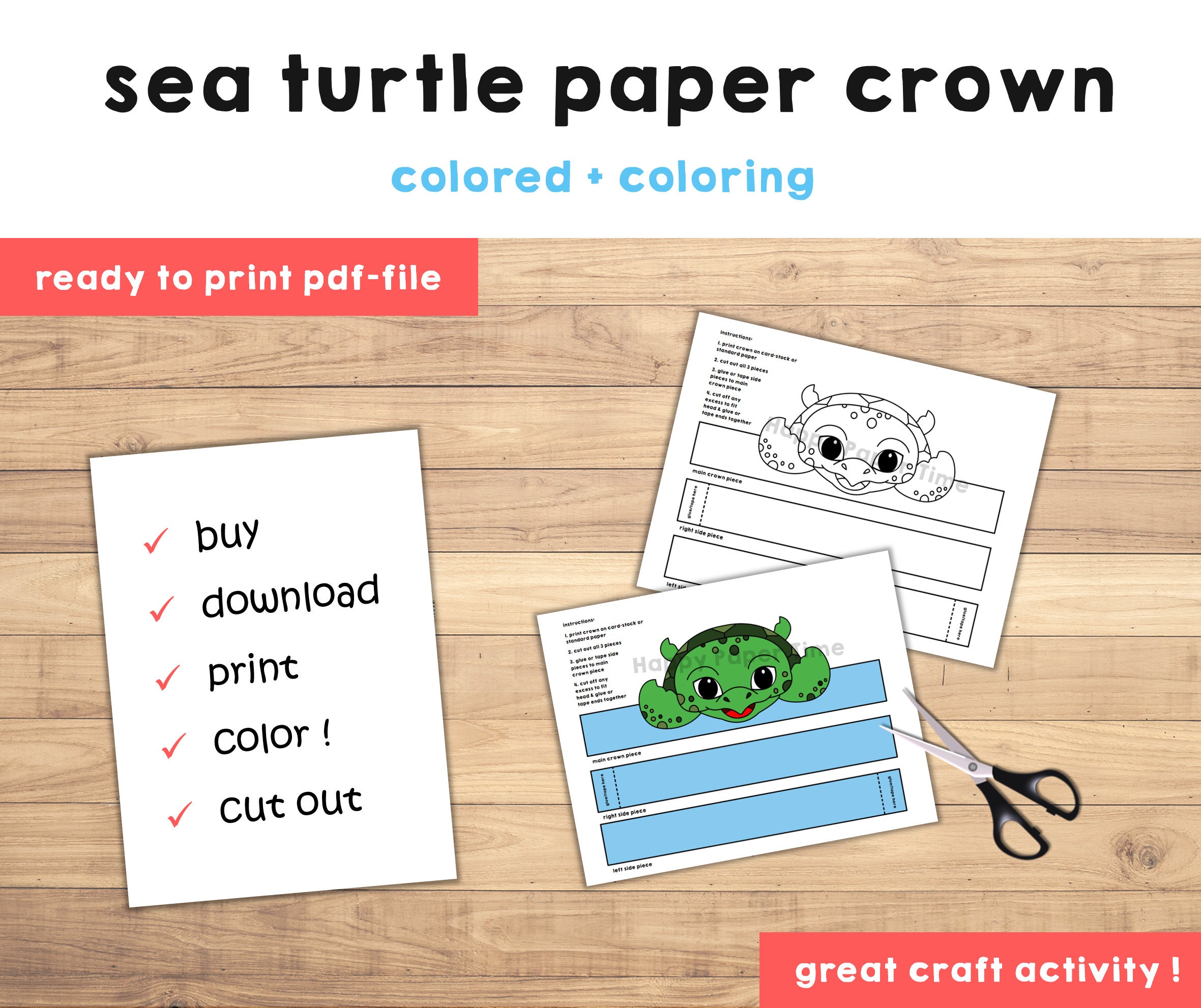 Sea Turtle Paper Crown Party Coloring Printable Party Hat Kids Craft ...
