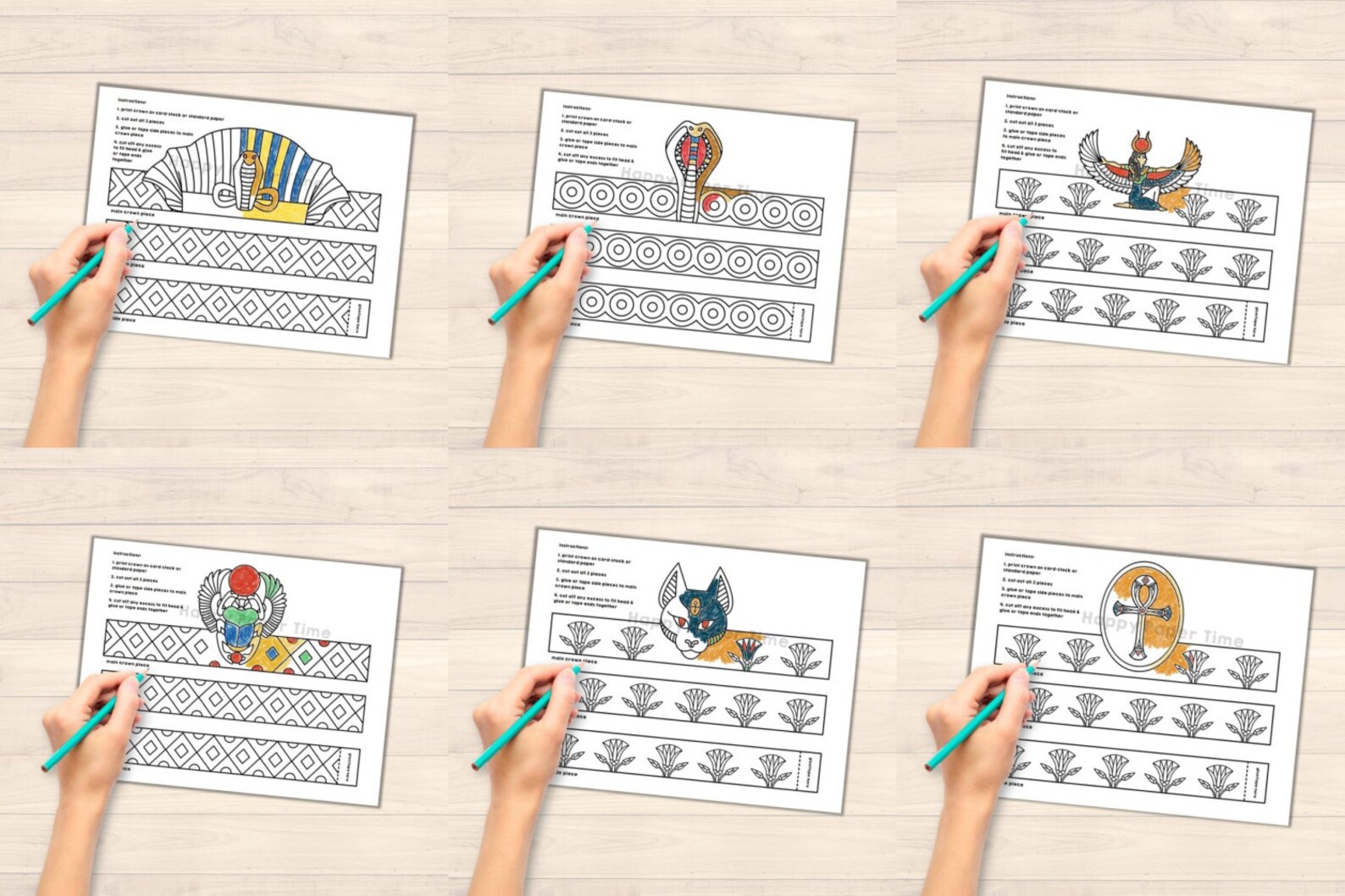 Ancient Egypt Paper Crowns Pharaoh Cobra Cleopatra Isis Scarab Cat Ankh ...