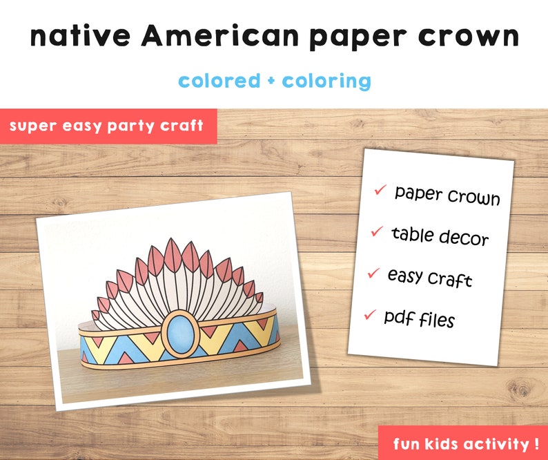 Native American Paper craft Headdress Crown Party Coloring | Etsy