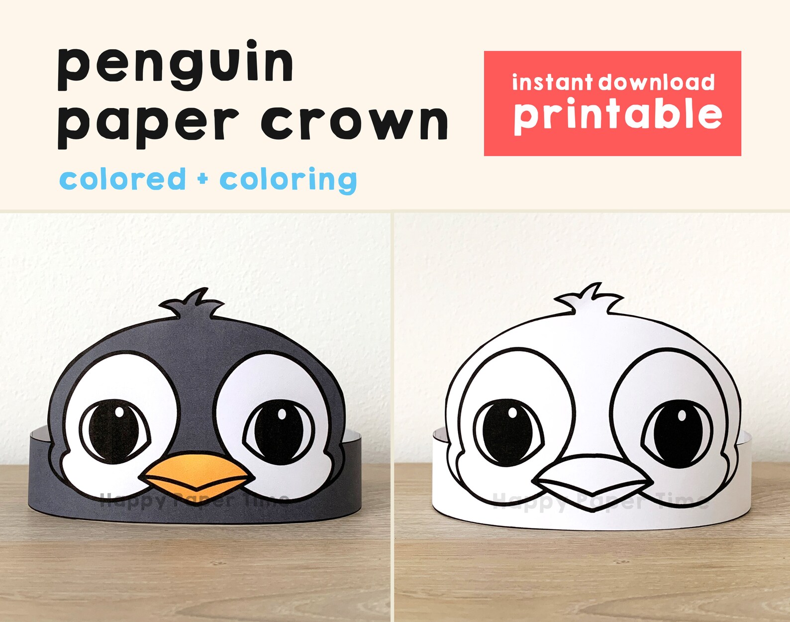 Penguin Paper Crown Party Coloring Paper Hat Printable Kids | Etsy