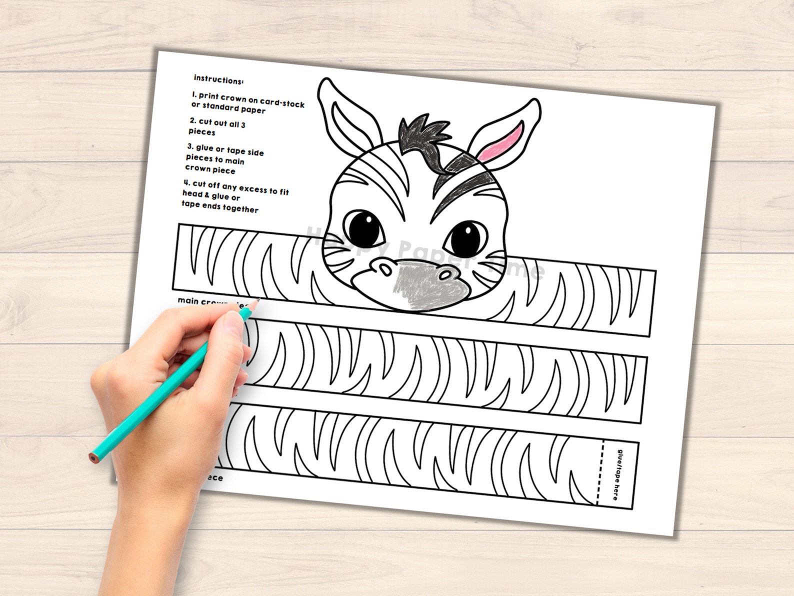 Zebra Paper Crown Party Coloring Printable Kids Craft African | Etsy