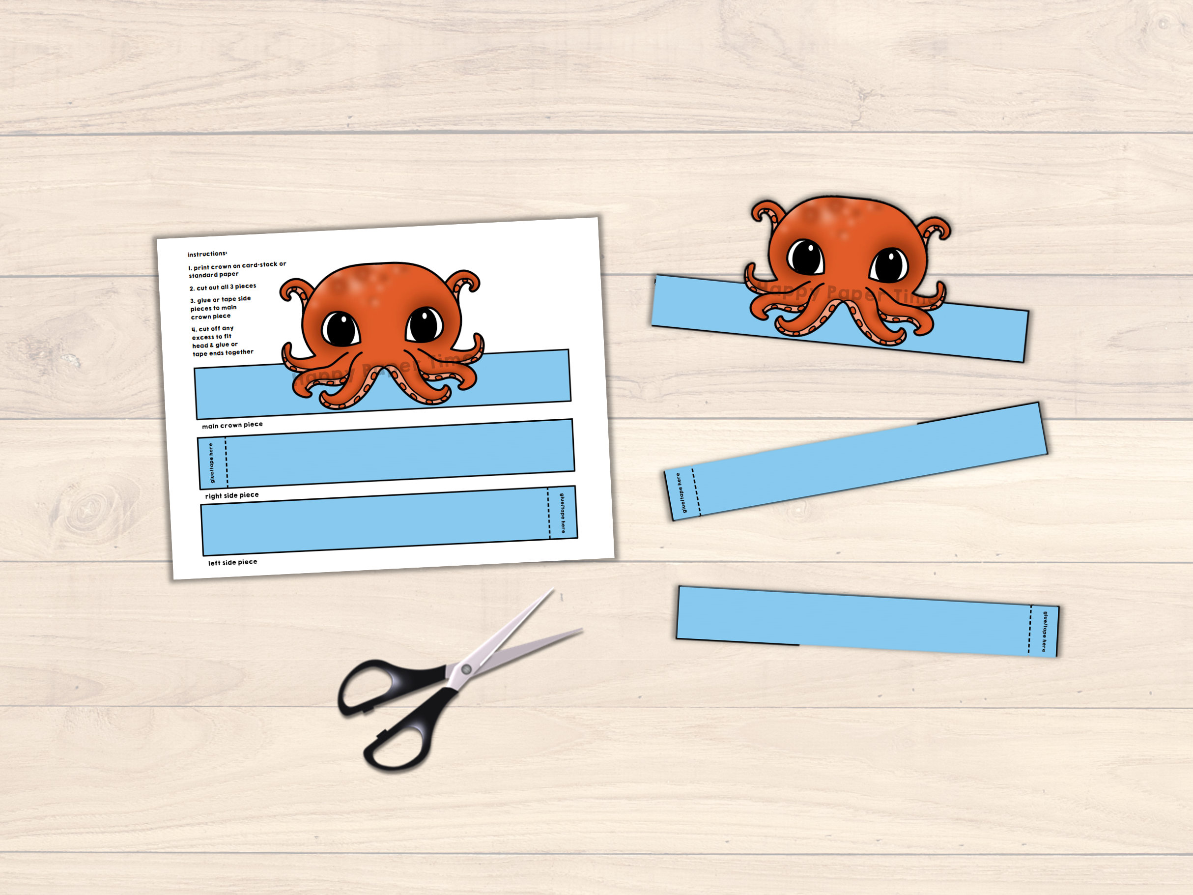 Octopus Paper Crown Party Coloring Printable Party Hat Kids Craft Ocean ...