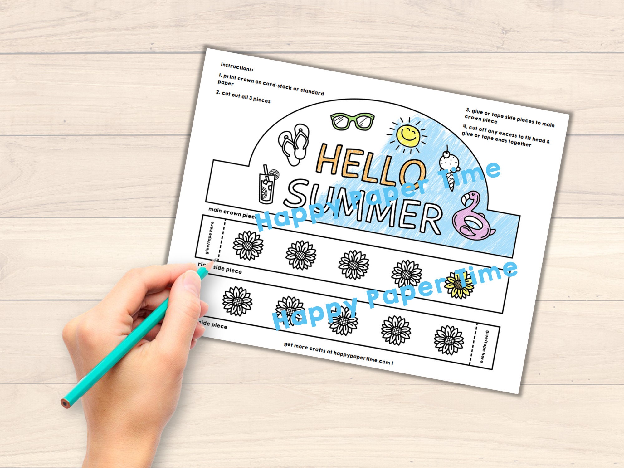 Summer Paper Crowns Printable Kids Craft Coloring Birthday Party Favor ...