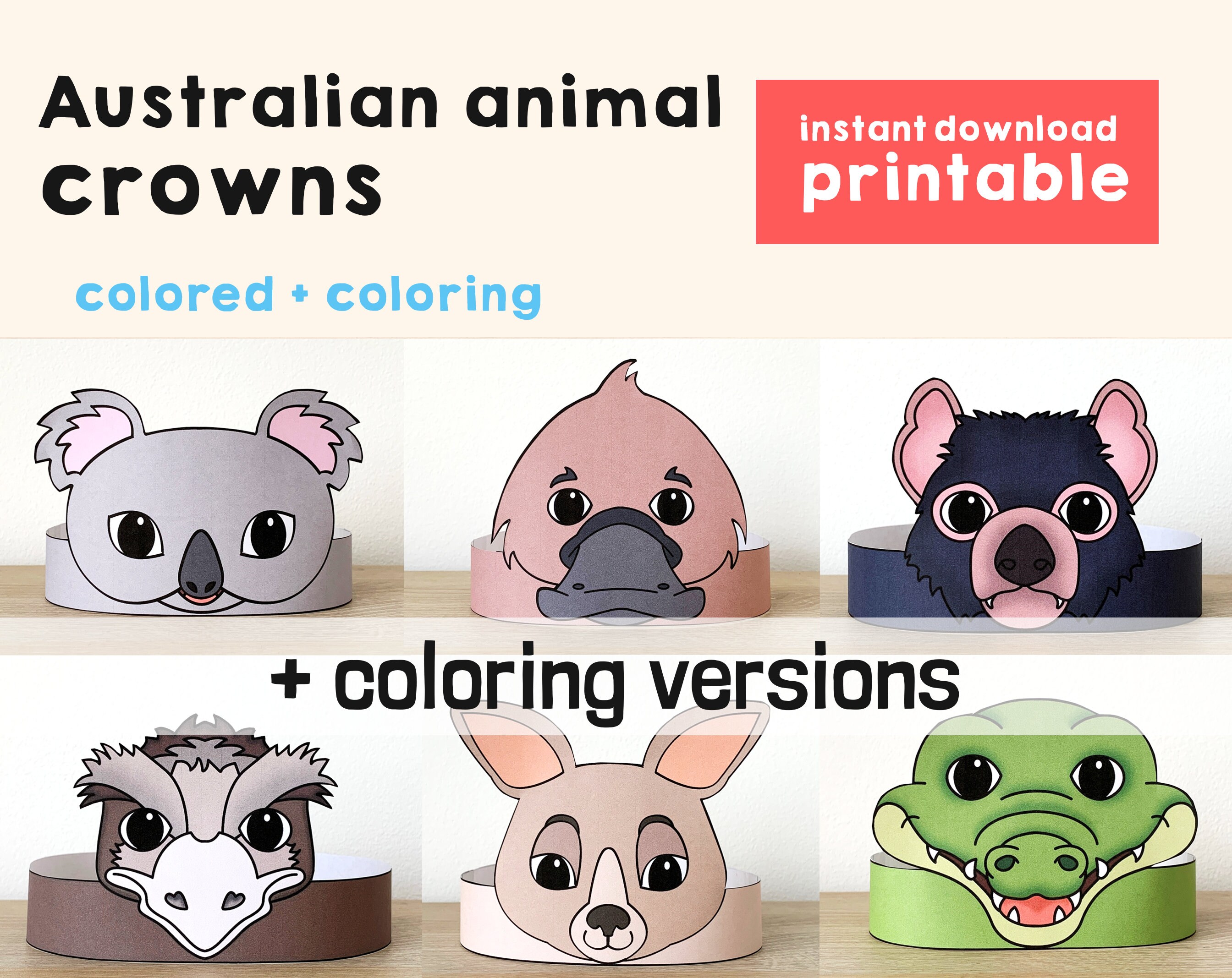 Australian Animal Paper Crowns Safari Koala Kangaroo Crocodile - Etsy