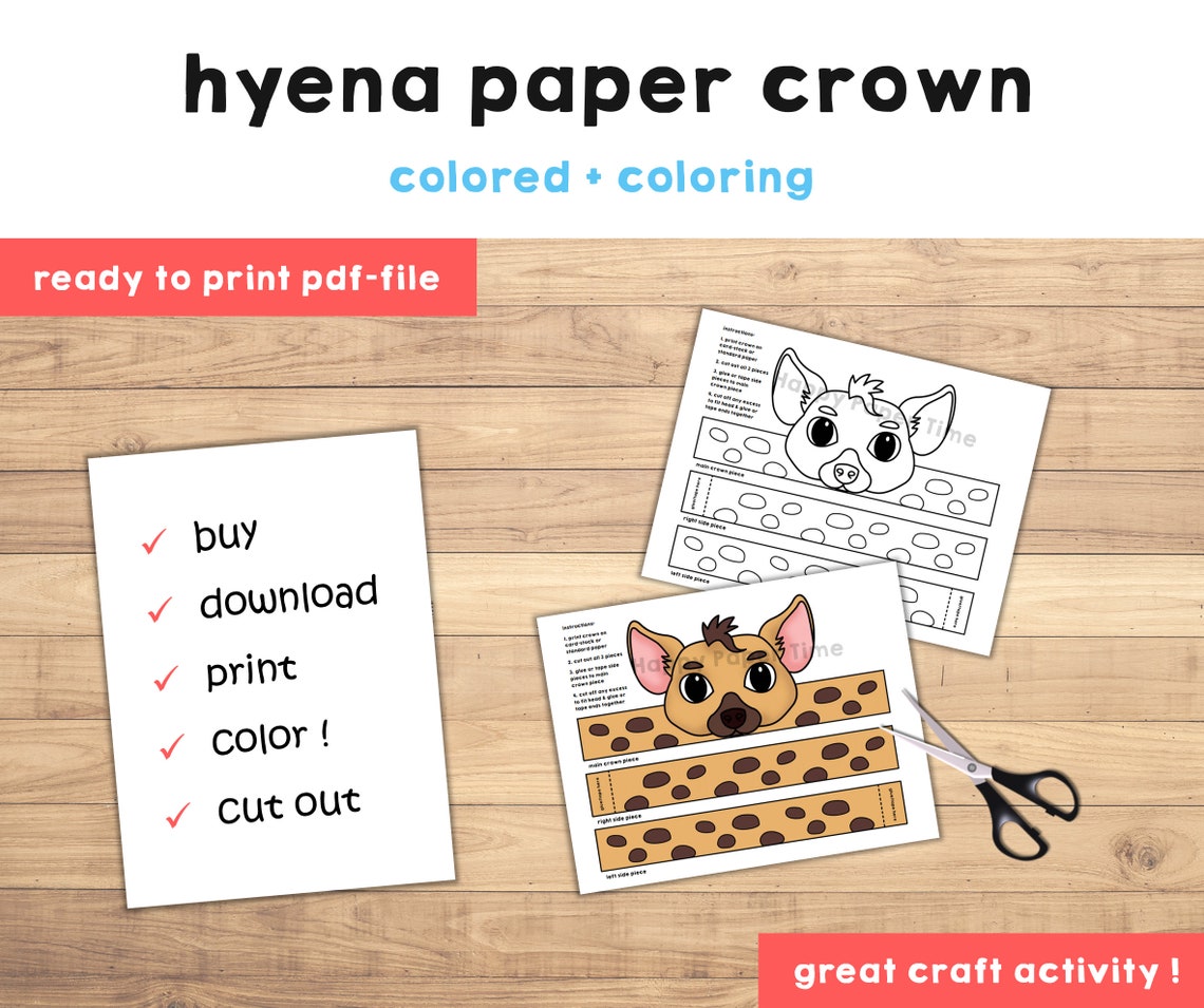 Hyena Paper Crown Party Coloring Printable Kids Craft African | Etsy