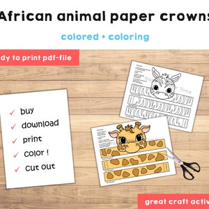 African Safari Animals Paper Crowns Giraffe Hippo Hyena Lion Zebra ...