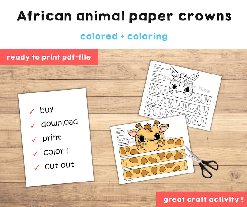 African Safari Animals Paper Crowns Giraffe Hippo Hyena Lion Zebra ...