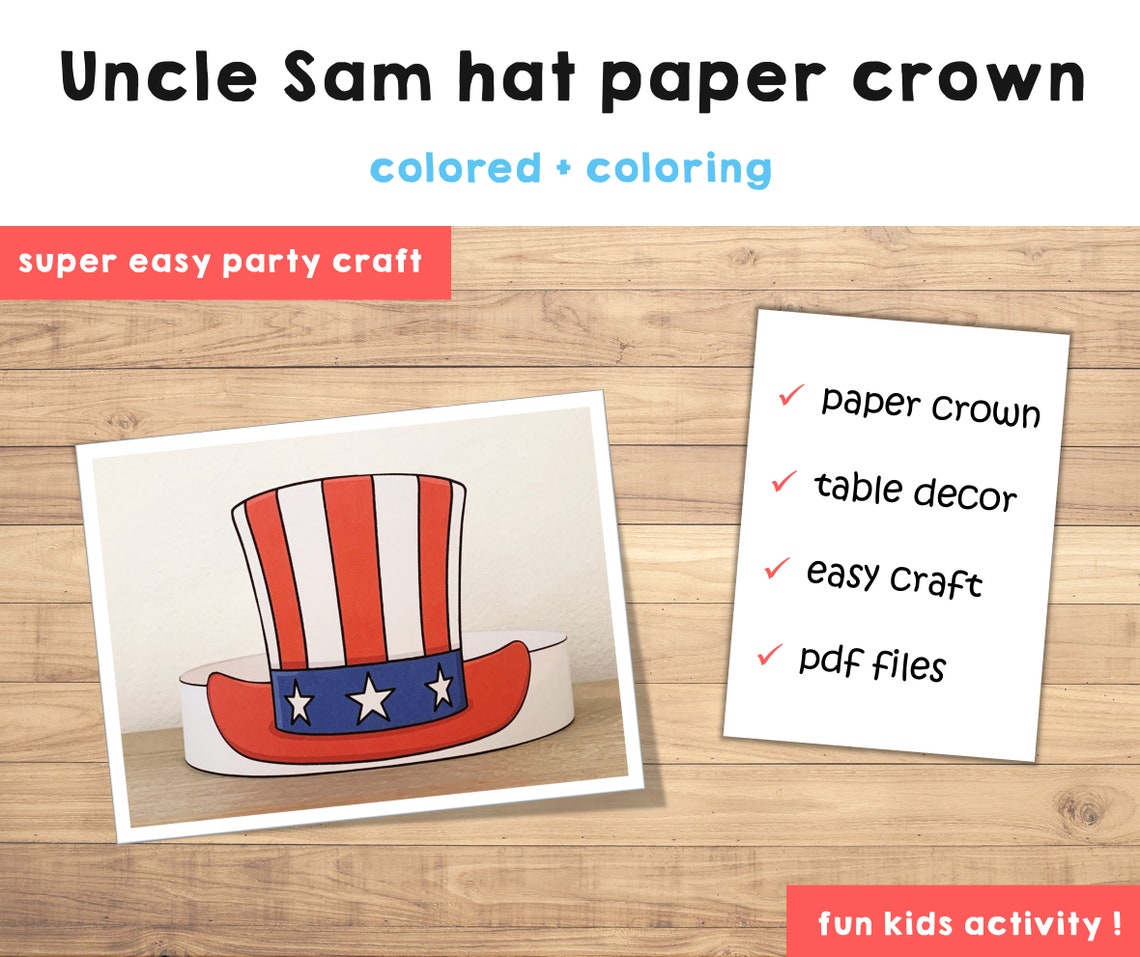 Uncle Sam hat Paper Crown Party Coloring Printable Kids Craft | Etsy