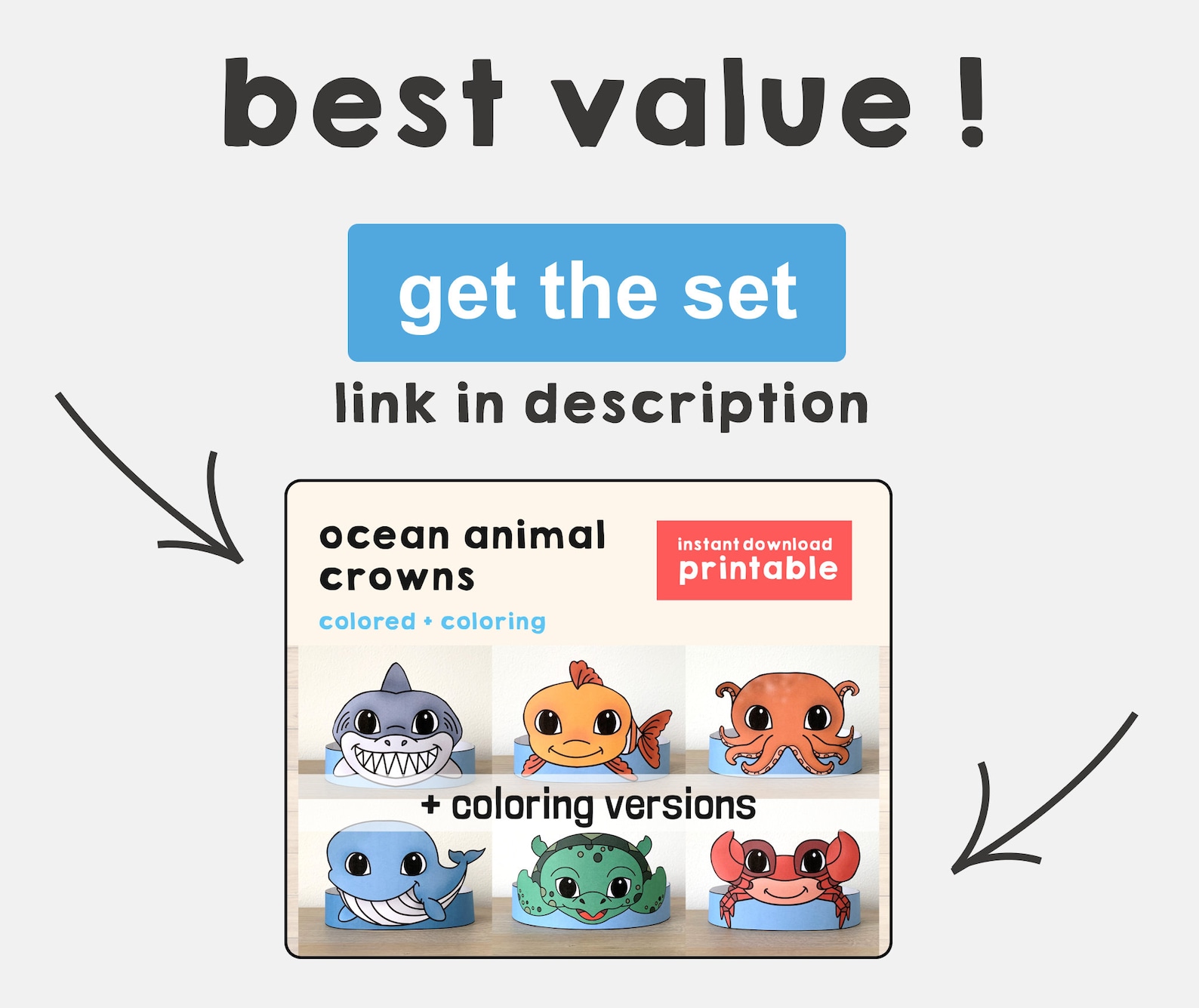 Ocean Animals Paper Crowns Shark Fish Octopus Whale Sea Turtle Crab ...