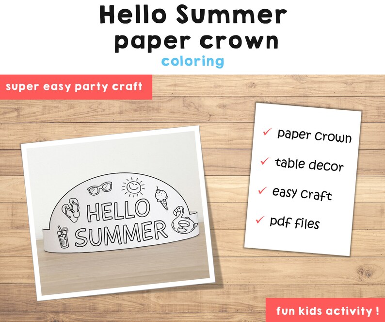 Summer Paper Crowns Printable Kids Craft Coloring Birthday Party Favor ...