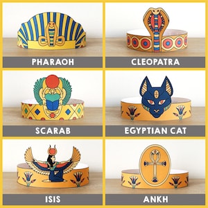 Ancient Egypt Paper Crowns Pharaoh Cobra Cleopatra Isis Scarab Cat Ankh ...