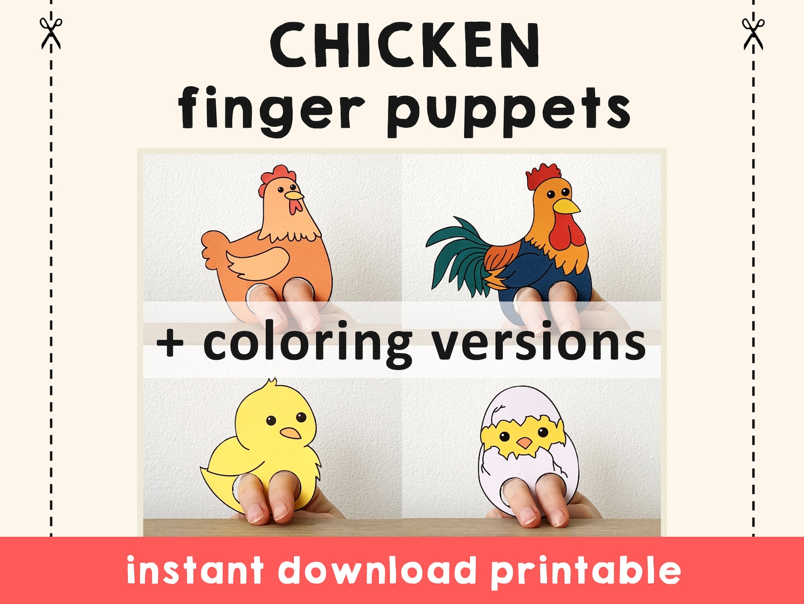 Chicken Puppet Paper Craft Printable Finger Puppet Kids Craft Animal ...