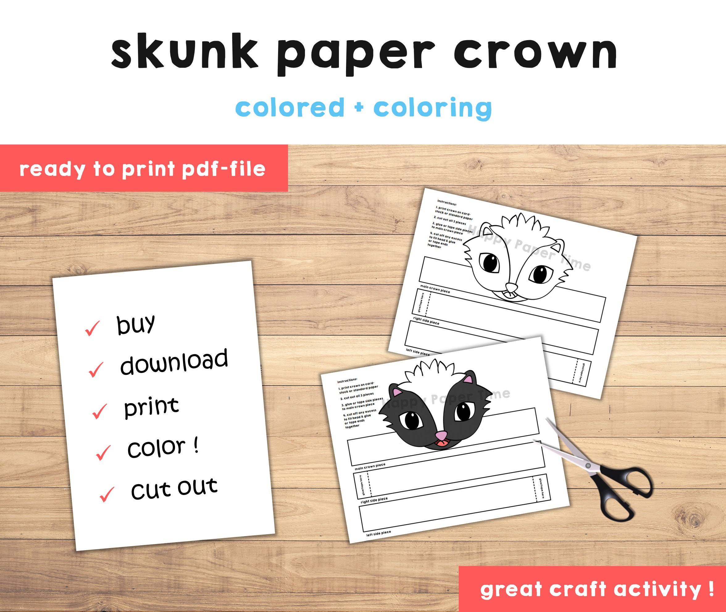 Skunk Paper Crown Party Coloring Printable Kids Craft Woodland Birthday ...
