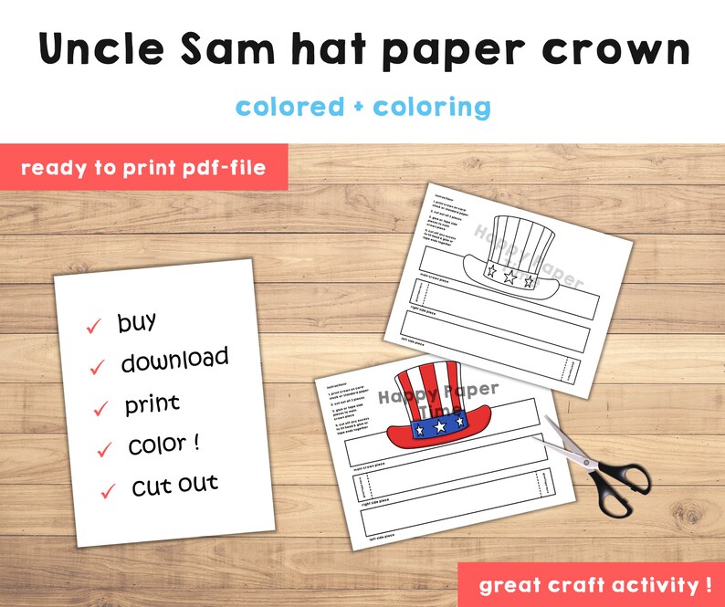 Uncle Sam Hat Paper Crown Party Coloring Printable Kids Craft - Etsy