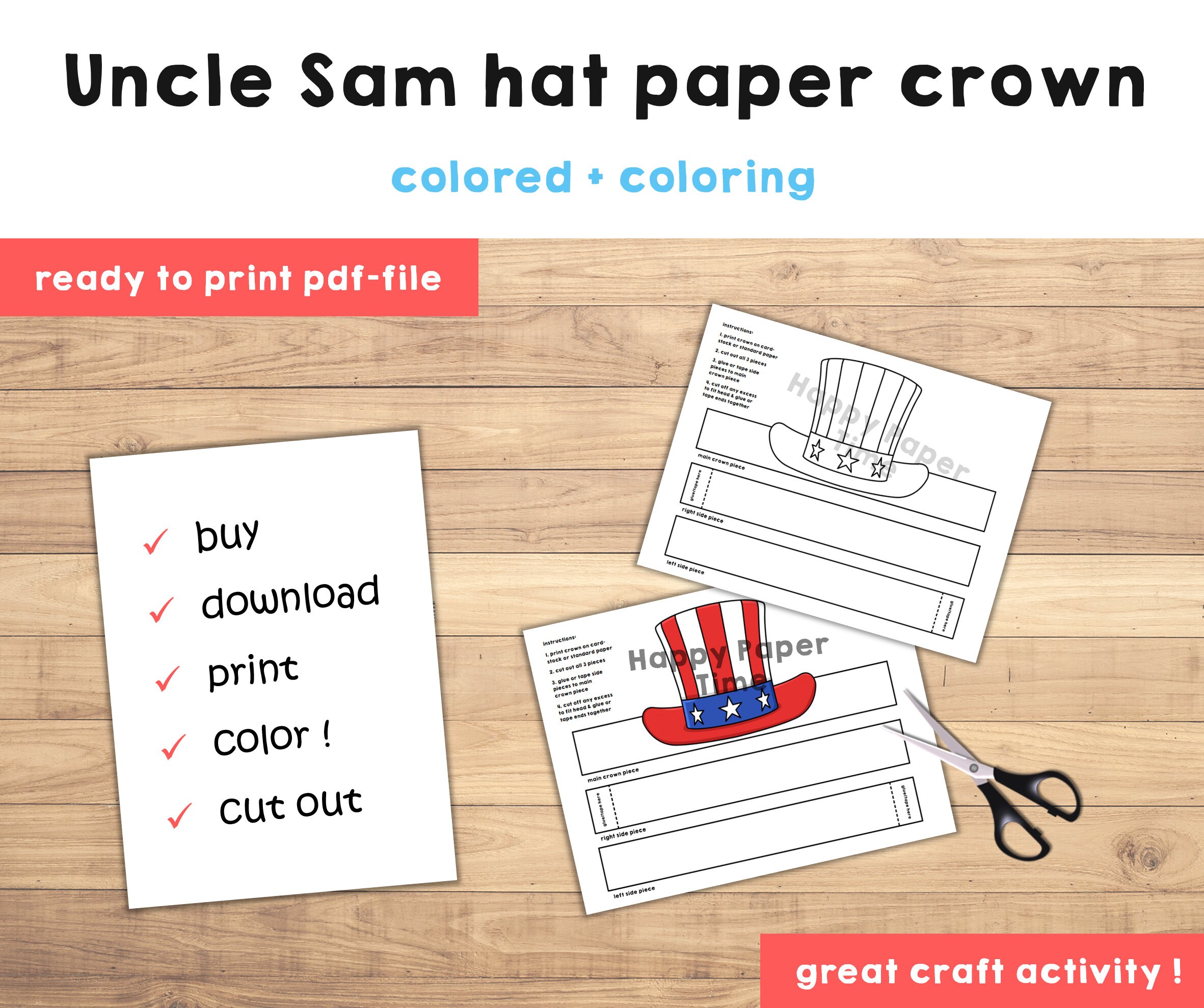 Uncle Sam Hat Paper Crown Party Coloring Printable Kids Craft - Etsy