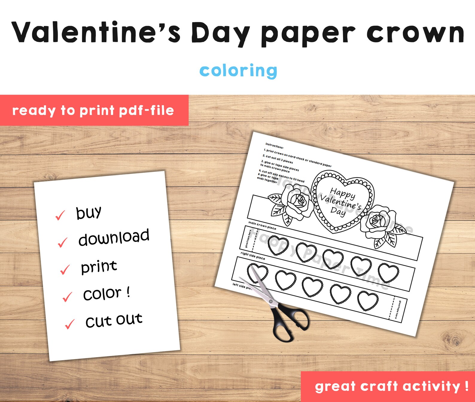 Valentine's Day Paper Crown Party Activity Printable Kids Easy Craft ...