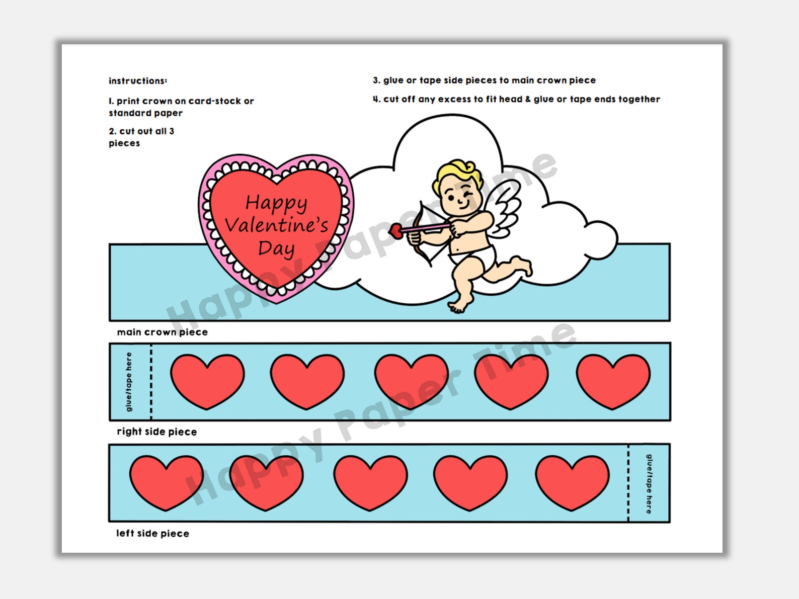Valentine's Day Paper Crown Party Activity Cupid Printable Kids Easy ...