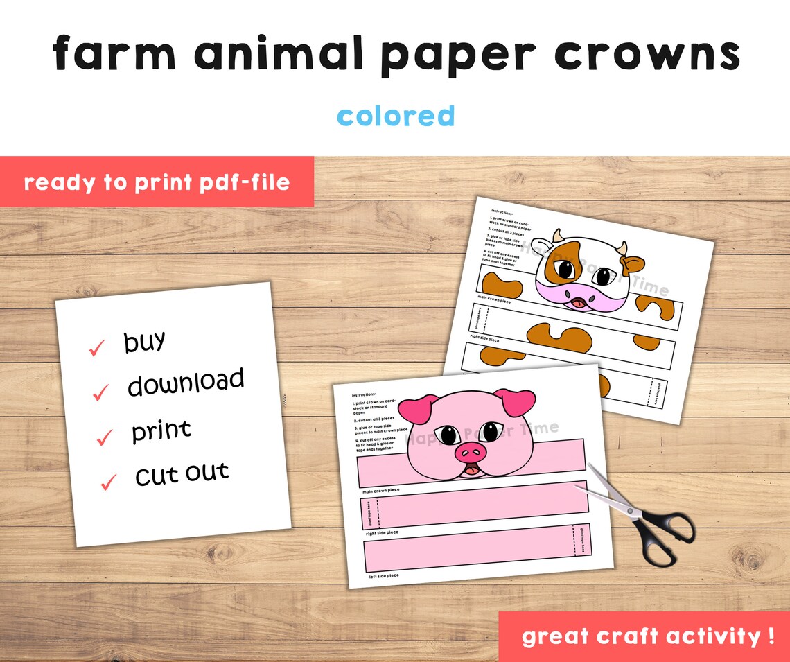 Farm Animals Paper Crowns Pig Pony Cow Rabbit Sheep Chicken | Etsy