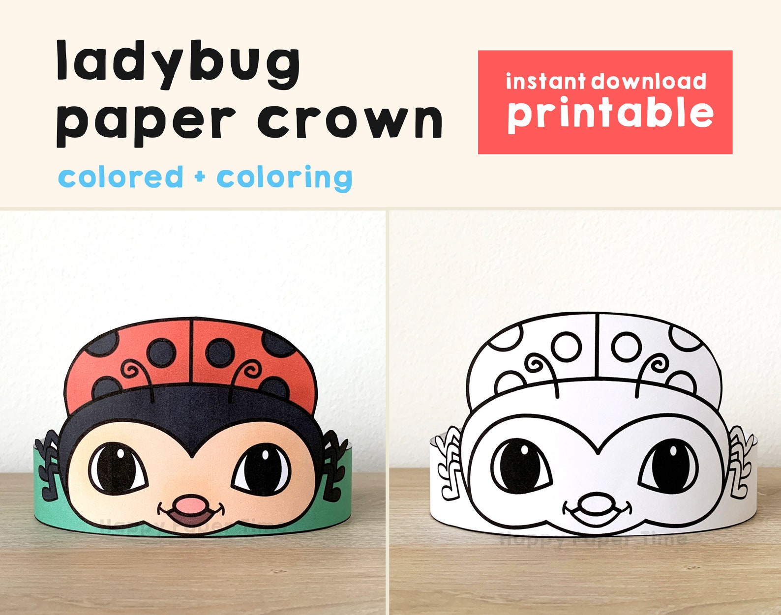 Ladybug Paper Crown Party Coloring Printable Kids Craft Insect | Etsy